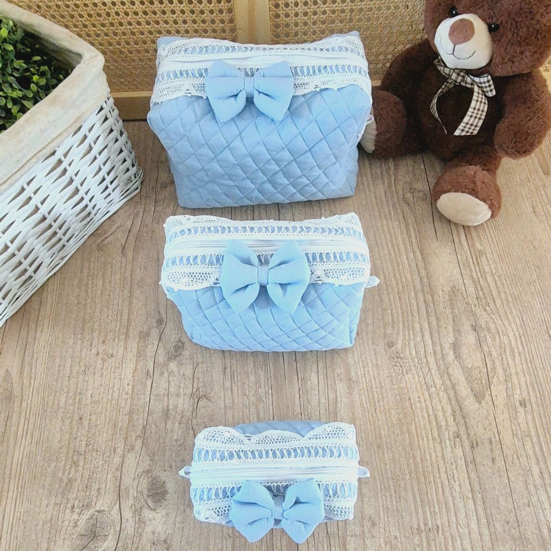 KIT PRESENTE NECESSAIRE MATERNIDADE AZUL EM RENDA RENASCENÇA BRANCA - 3 ...